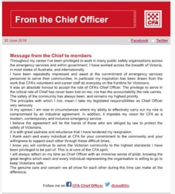 CFA Crisis: Chief fire officer Joe Buffone quits