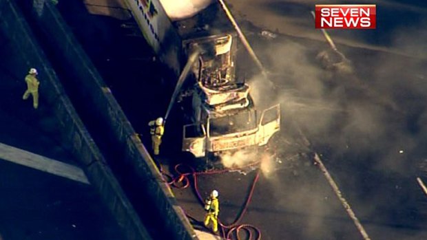 Prime mover bursts in flames on Bruce Highway