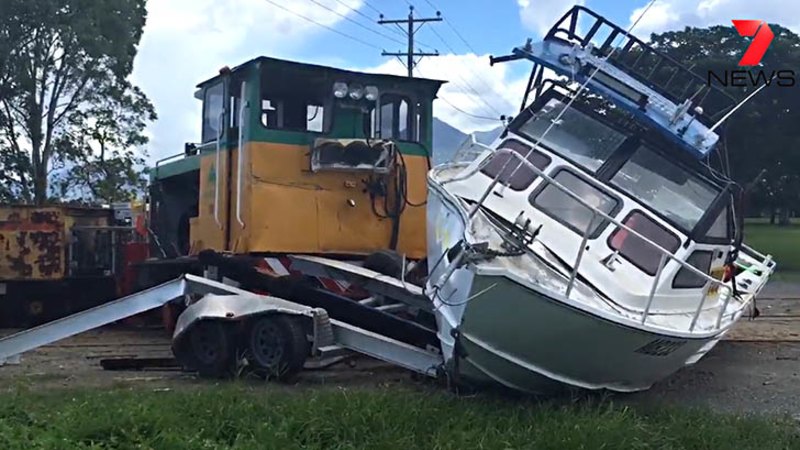 Video: Train crashes into boat