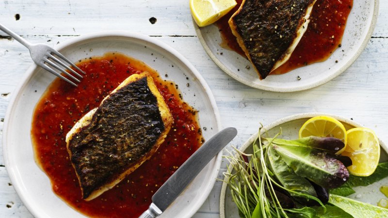 Neil Perry's crisp-skin blue-eye with roast tomato sauce