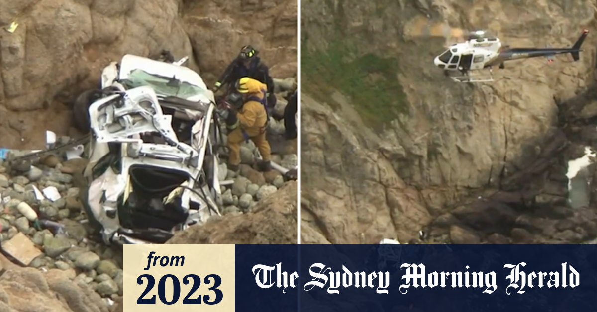 Video: Rescuers save family of four after Tesla falls off cliff