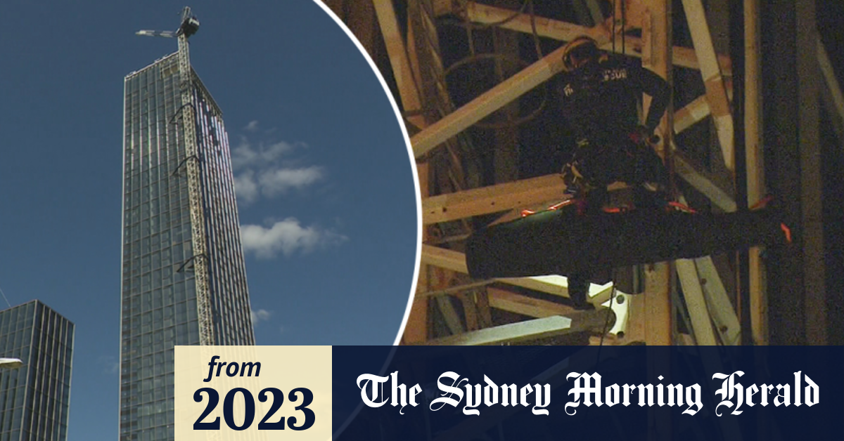 Video: Police rescue man stuck up crane