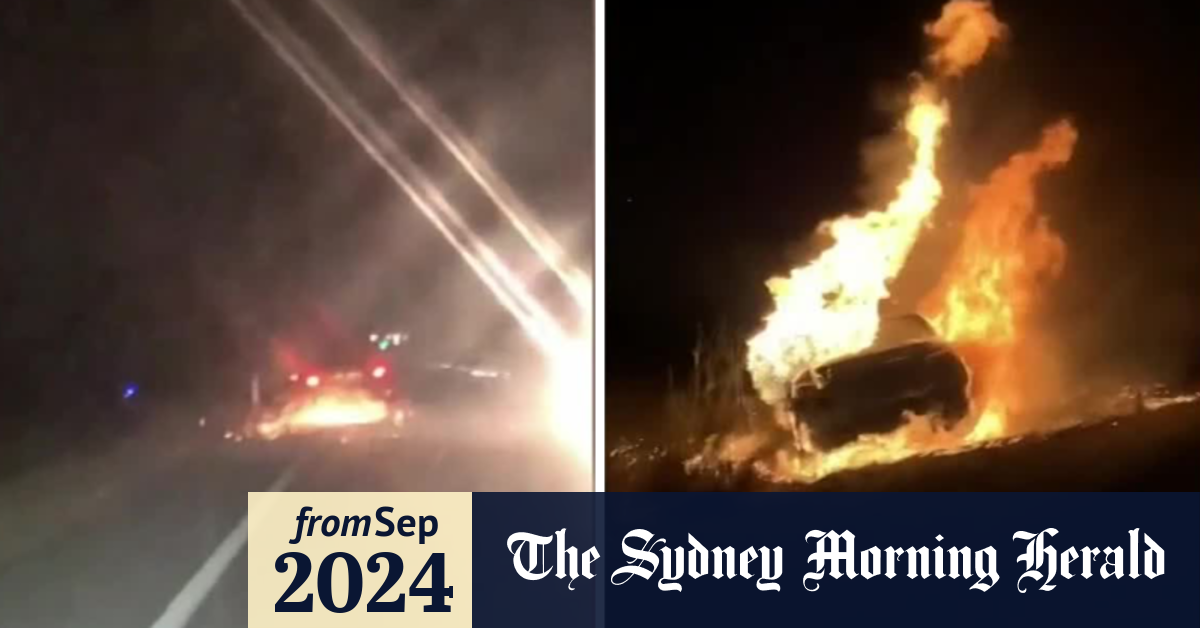 Video: Terrifying moment stolen car catches on fire, explodes on road