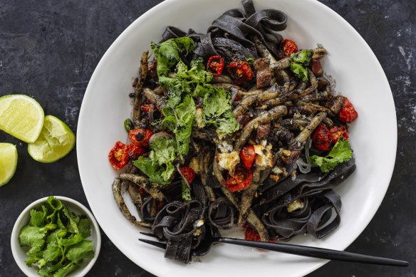 Neil Perry recipe: squid-ink noodles with squid, smoked bacon and chilli