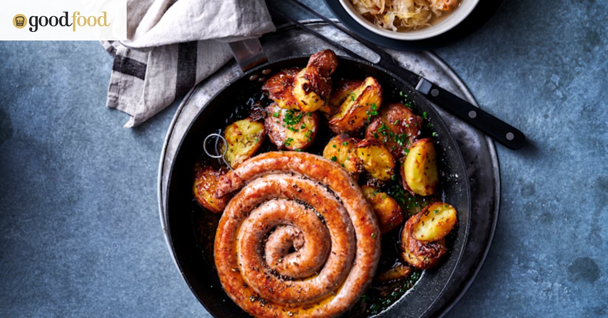 Hearty lamb merguez with tangy sauerkraut and crushed potatoes
