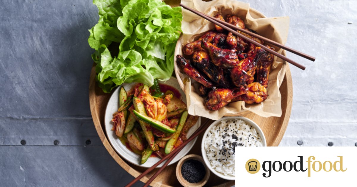 Sticky Korean chicken wings with kimchi-pickled cucumbers