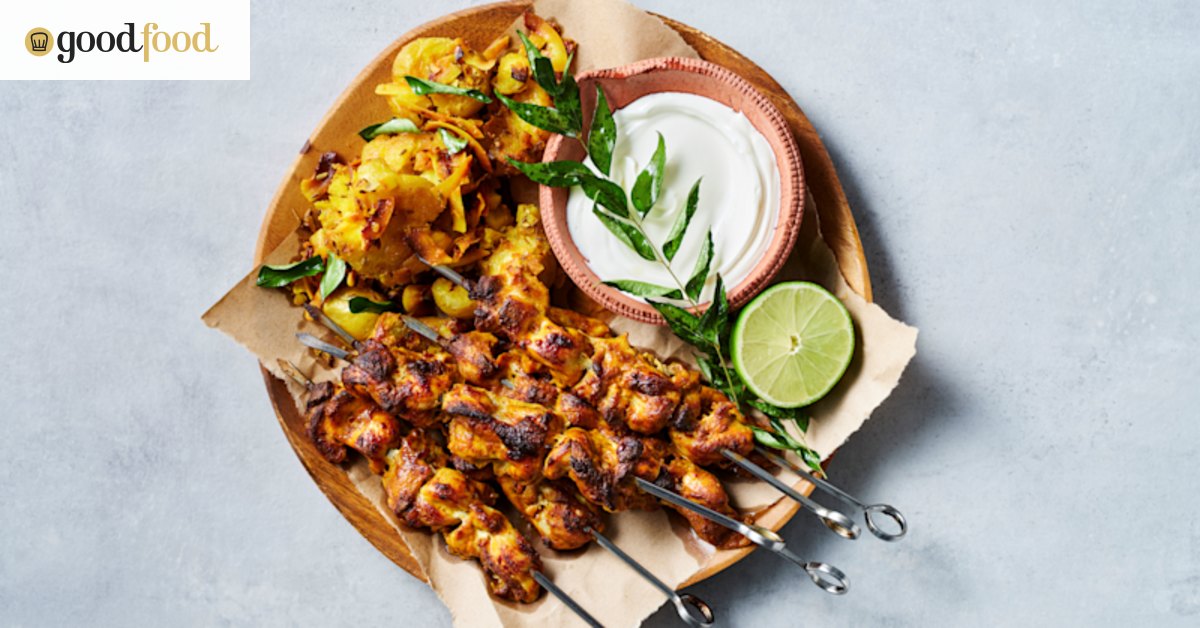 Chicken tikka skewers: Easy weeknight recipe with crunchy coconut potatoes