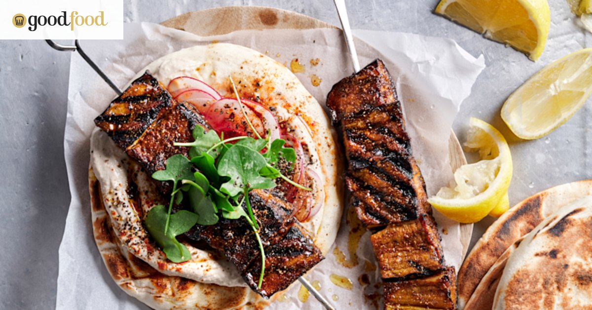 Eggplant shawarma with sumac-pickled radishes and tahini flatbreads