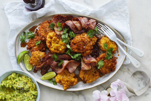 Neil Perry recipe: sweetcorn cakes with maple syrup and bacon