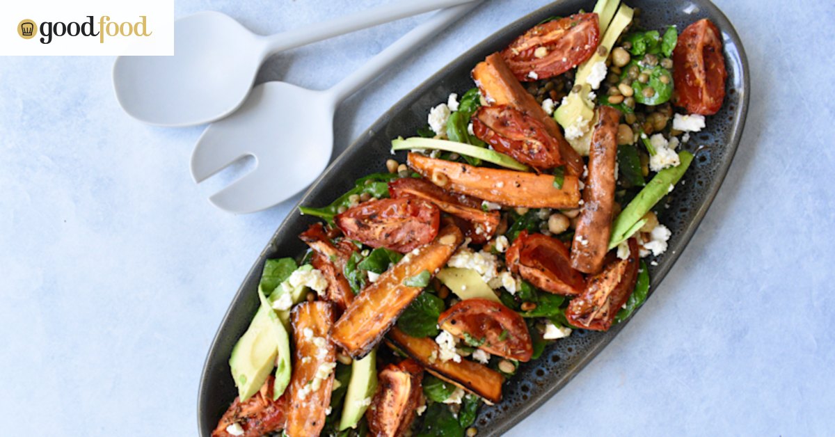 Healthy roasted sweet potato and lentil salad with goat’s cheese