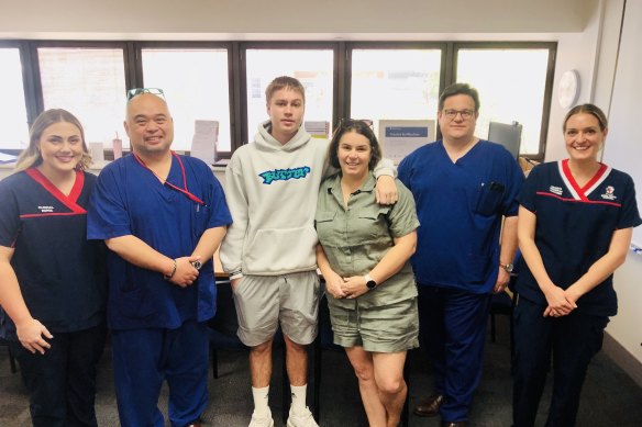 ‘I owe it all to you blokes’: Tyler Rowe reunited with life-saving surgeons