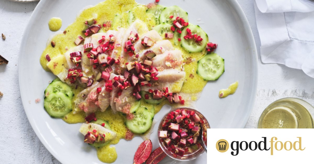 White fish ceviche with buttermilk dressing, finger lime and a rhubarb ...