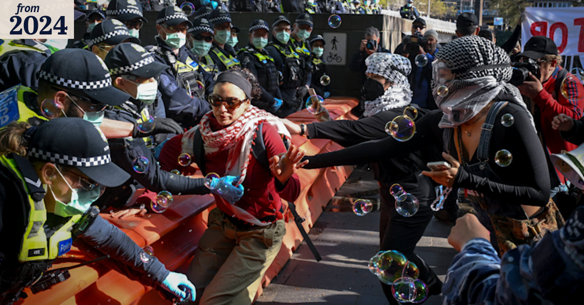 Melbourne protests: Land Forces expo guarded by Victoria Police