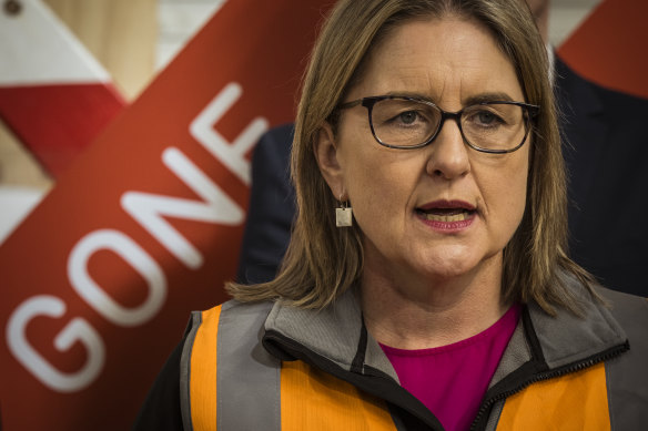 Jacinta Allan at level crossing removal event with ‘gone’ sign