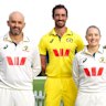 Australian cricketers Nathan Lyon, Mitchell Starc, Alyssa Healy, Ashleigh Gardner, Sam Konstas with new Westpac logo shirts.