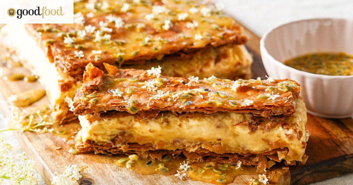 Vanilla slice recipe with custard, passionfruit and caramelised puff pastry