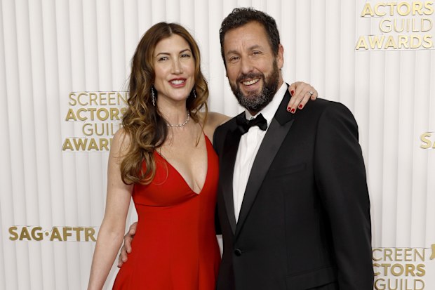 Adam Sandler wearing a hoodie at wife Jackie’s Office Romance premiere ...