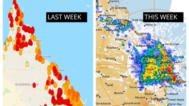 Thousands lose power in central Qld as storms circle bushfires