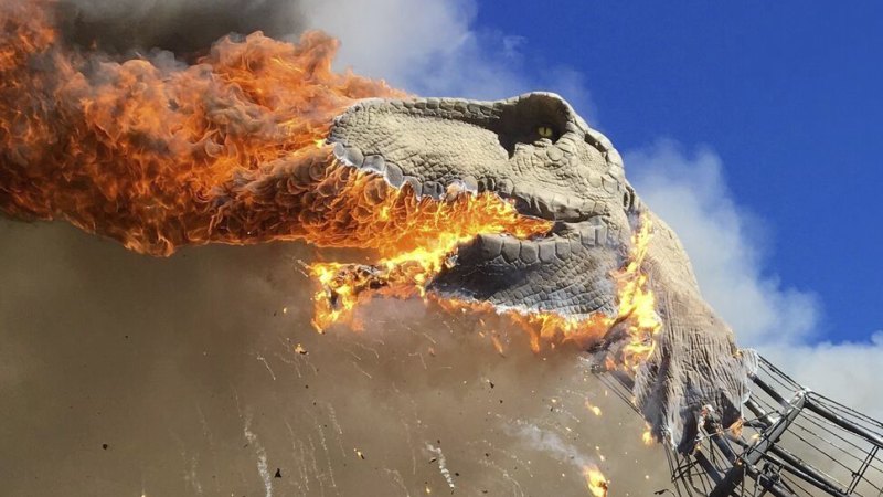 Giant animatronic Tyrannosaurus rex goes up in flames in US theme park
