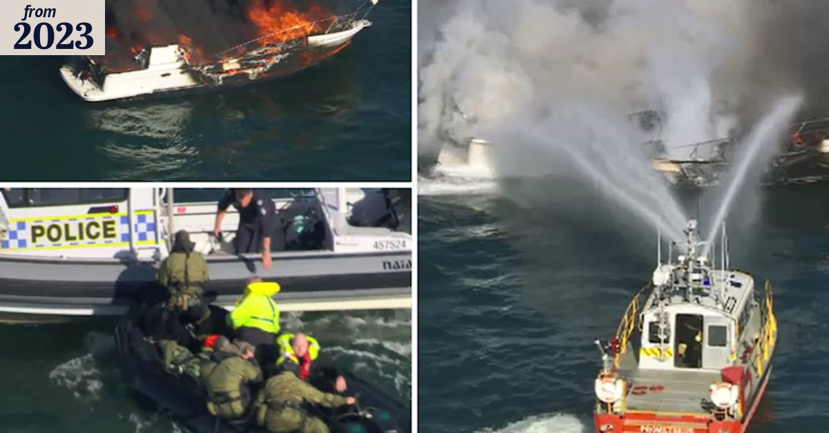 Port Phillip Bay boat fire: Two men rescued as cabin cruiser gutted by ...