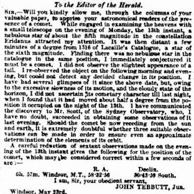From the Archives: John Tebbutt discovers the Great Comet of 1861