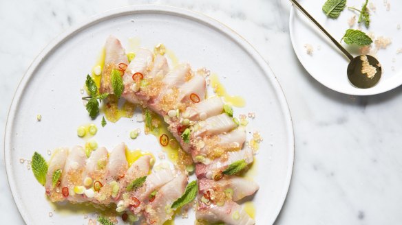 Sashimi of kingfish with finger lime, mint and chilli