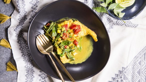 Rockling curry with turmeric, ginger and curry leaves