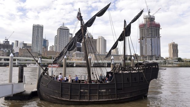 Replica of 500-year-old Portugese caravel ship docks in Brisbane River