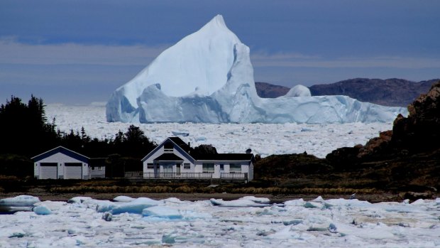 A gigantic iceberg passes by a tiny town in Newfoundland and Labrador