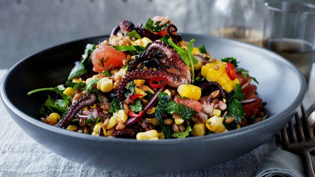 Recipes: Charred octopus, corn and farro salad