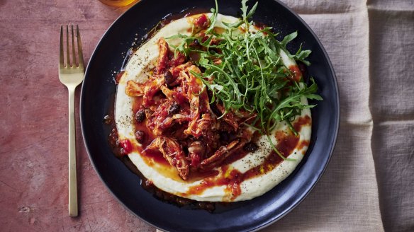 Pulled chilli chicken with creamy semolina