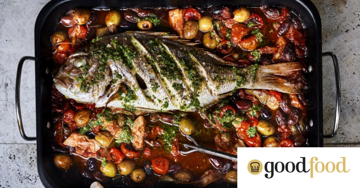 Puttanesca whole baked snapper with salsa verde