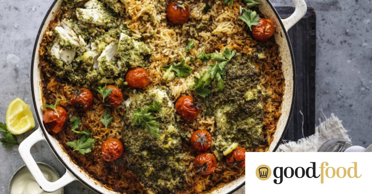 Baked blue-eye with olive, lemon and spiced rice pilaf