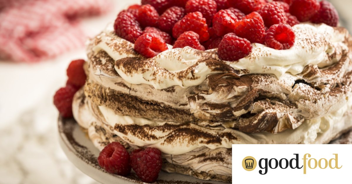 Chocolate swirl pavlova with raspberries and creme fraiche