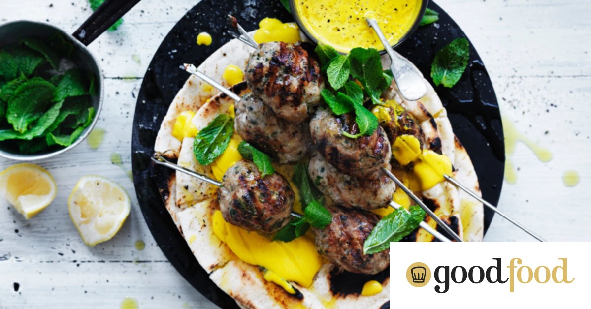Chicken kofta skewers with turmeric tahini