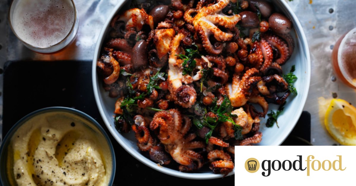 Baby octopus with hummus, fried chickpeas and olives recipe