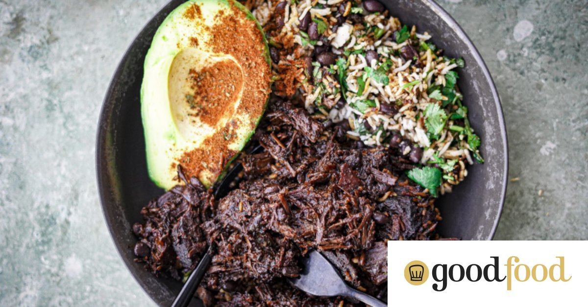 Mexican beef cheek stew with quick beans and rice