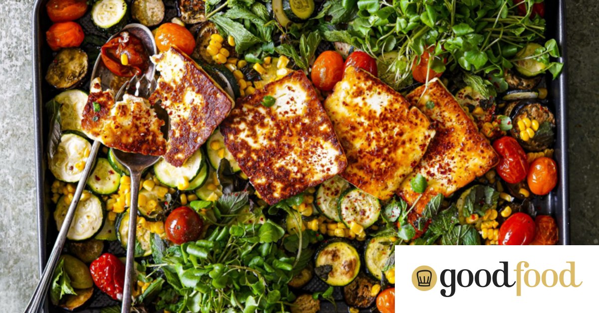 Summer veg and halloumi one-tray wonder