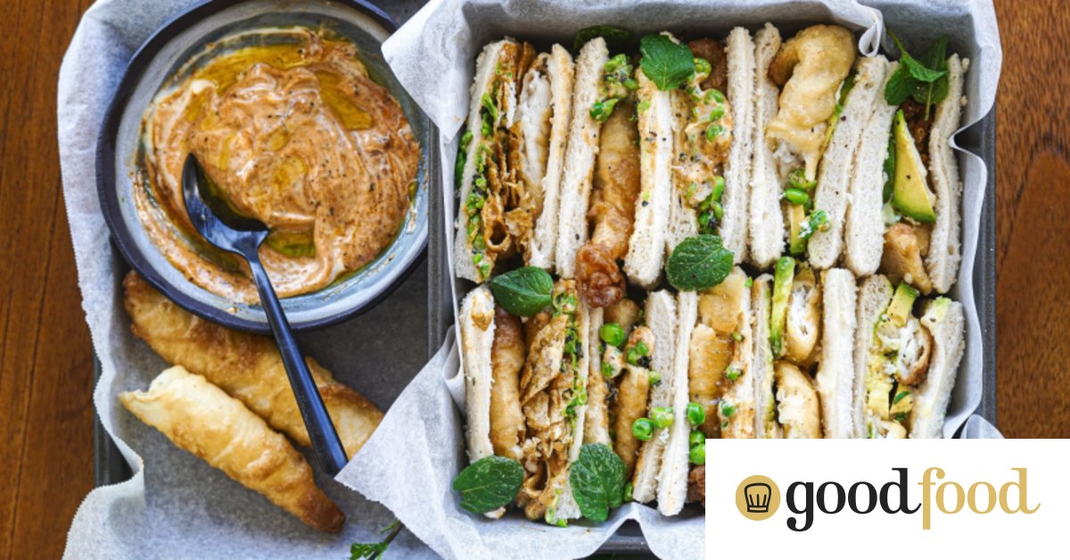 Fish finger sandwiches with minty peas, harissa mayo and chips