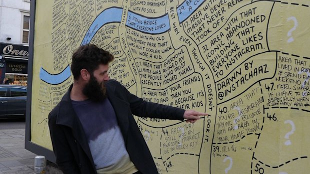 Postcard from every city where satire overlays gentrification