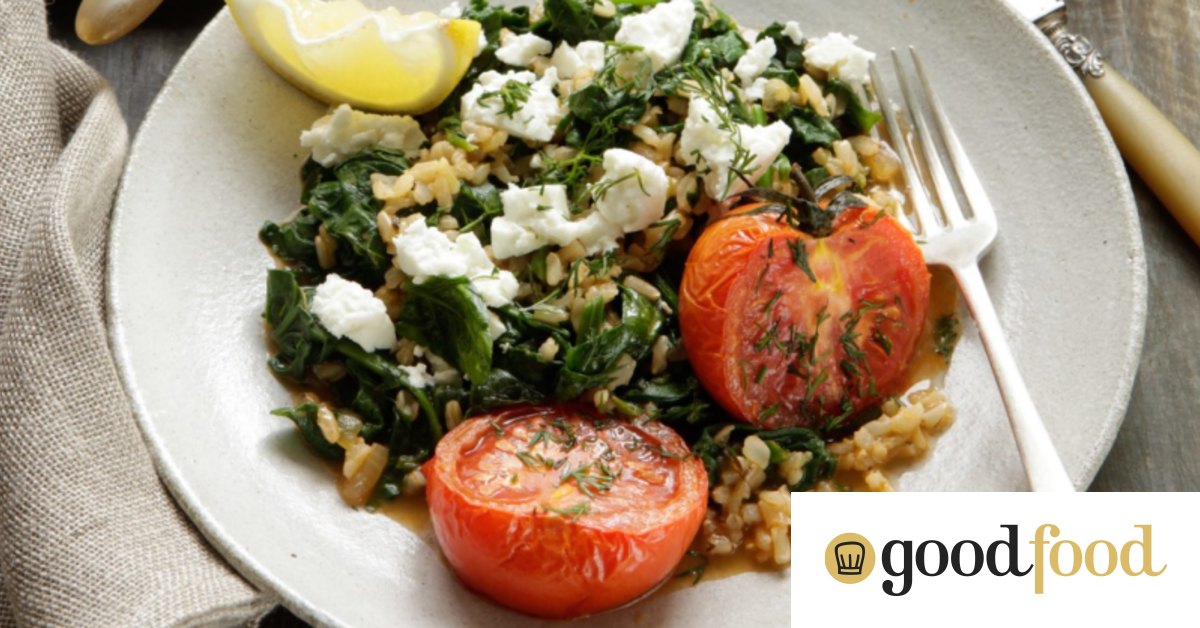 Greek spinach rice with tomatoes and feta