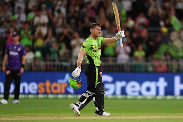 SYDNEY, AUSTRALIA - JANUARY 03: David Warner of the Thunder celebrates ...