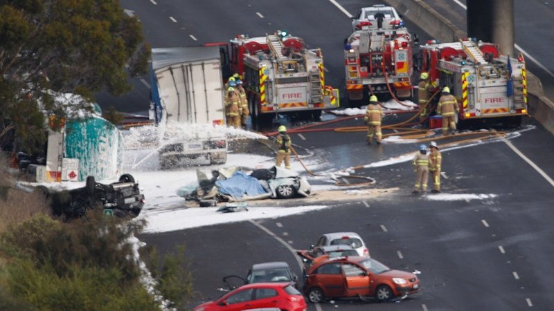 Calder Freeway crash: One dead, six injured in petrol tanker rollover