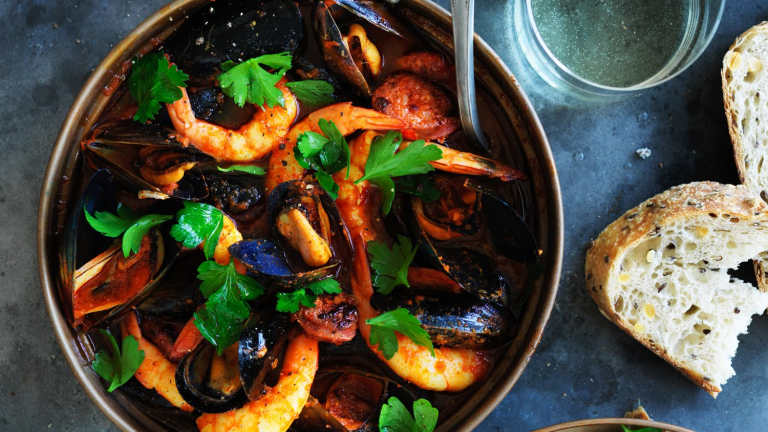 Adam Liaw's mussel, prawn and chorizo cataplana, and orange, olive and ...