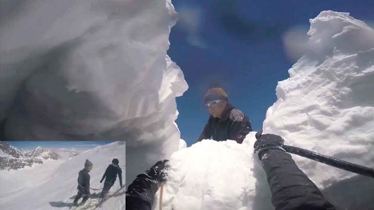 French skier's helmet camera captures dramatic fall into glacial crevasse
