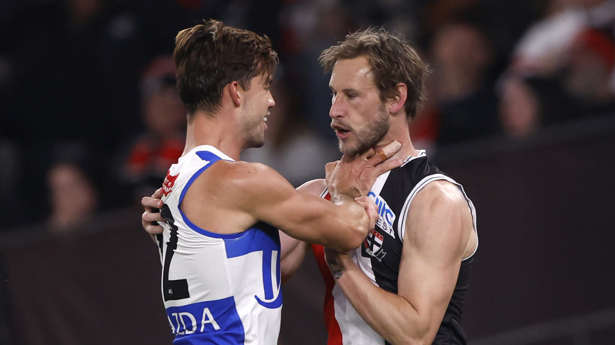 AFL News 2024: Jimmy Webster bump on Jy Simpkin, St Kilda vs North ...