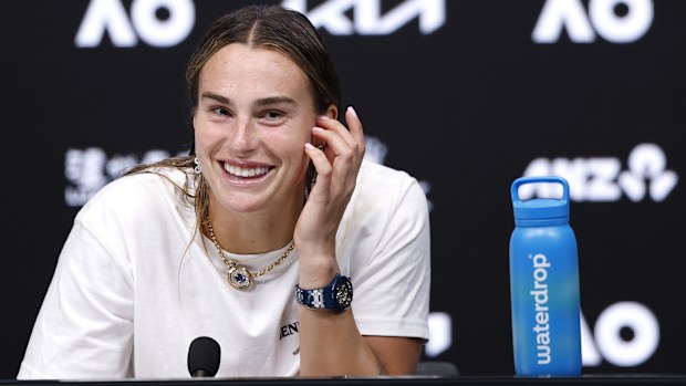 Aryna Sabalenka speaks to media. Getty
