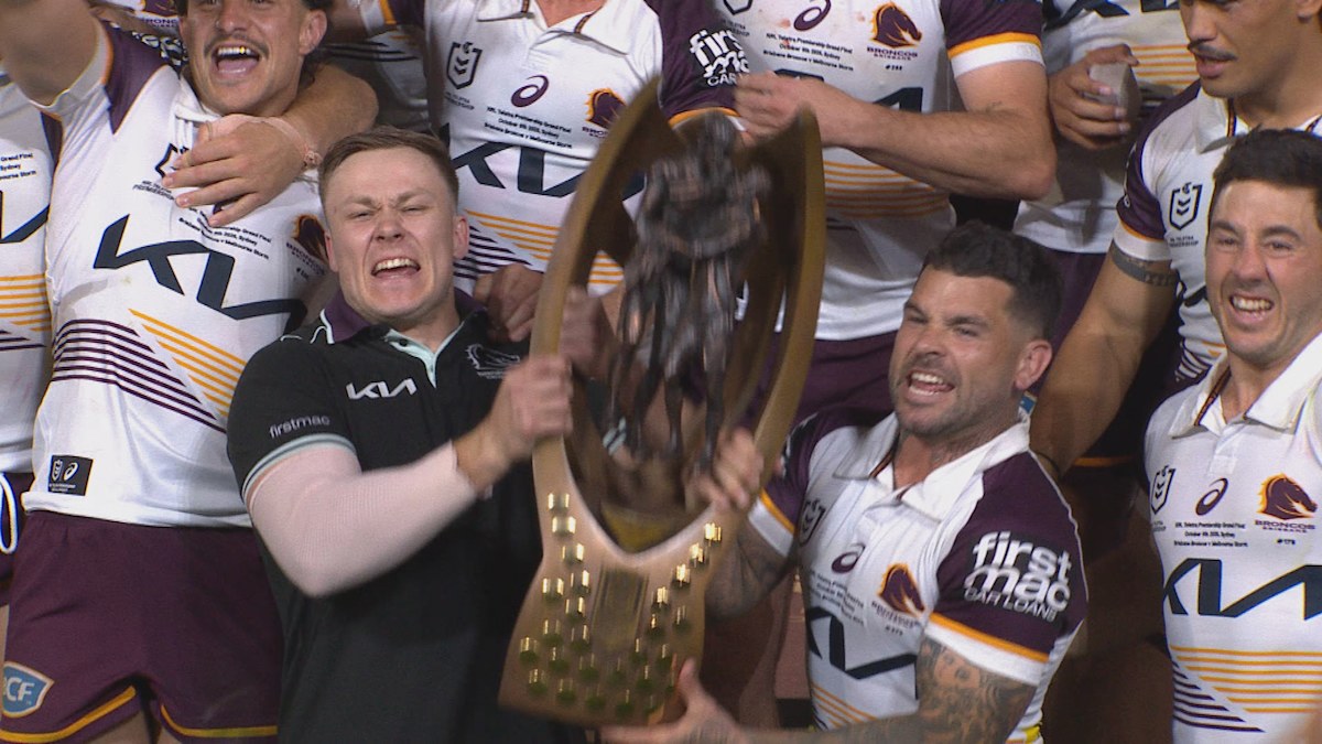 NRL grand final 2025 | Billy Walters trophy lift with Adam Reynolds; Michael Maguire praise