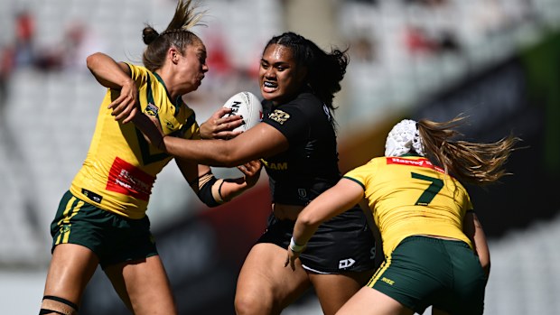 Otesa Pule of the Kiwi Ferns charges forward during the Women's Pacific ...