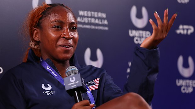 Coco Gauff speaks to media at RAC Arena.